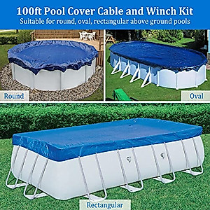 Belleone Swimming Pool Cover Cable and Winch Kit - 100ft Plastic-Coated Steel Pool Cover Wire & Aluminum Spring Loaded Pool Cover Ratchet for Above Ground Swimming Pool Winter Safe