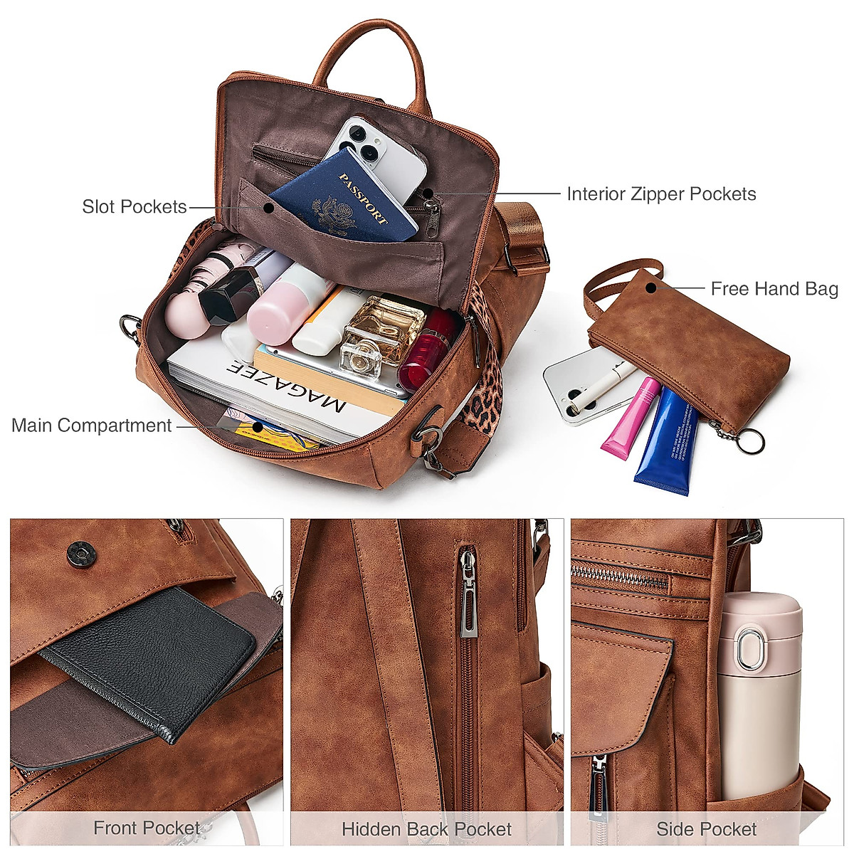 Shrrie Backpack Purse for Women Fashion Leather Backpack Purse Designer Travel Backpack Convertible Shoulder Bag with Wristlet