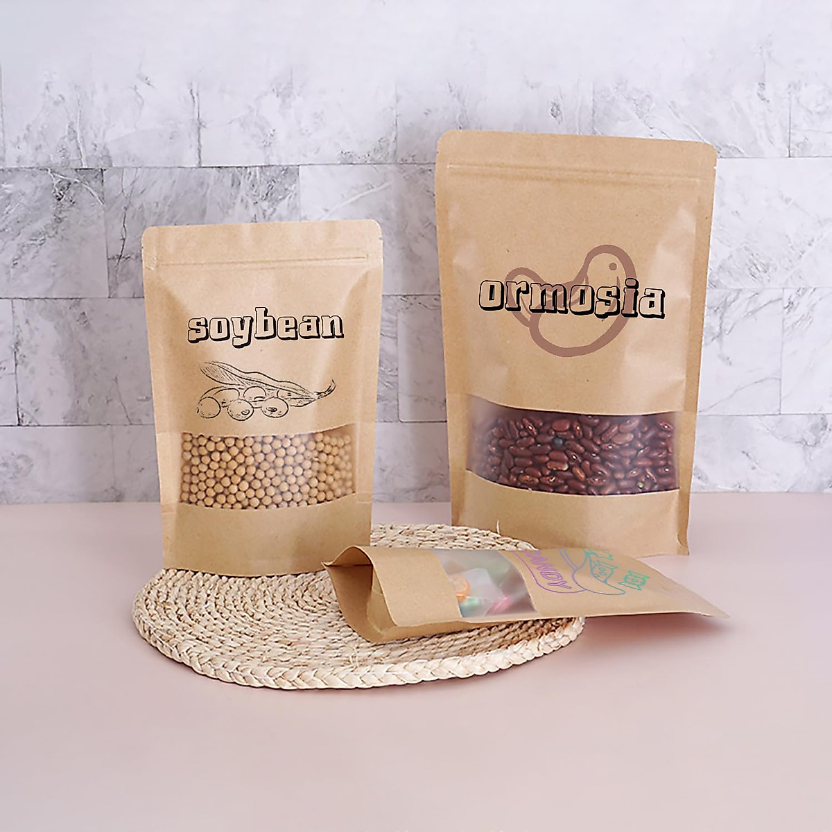 illuzoon Personalized White kraft Stand Up Pouch Bags with Matte Window,Zip Lock Resealable Bags,Reusable Packaging Bags for Small Business & Home Use-50pcs (Kraft)