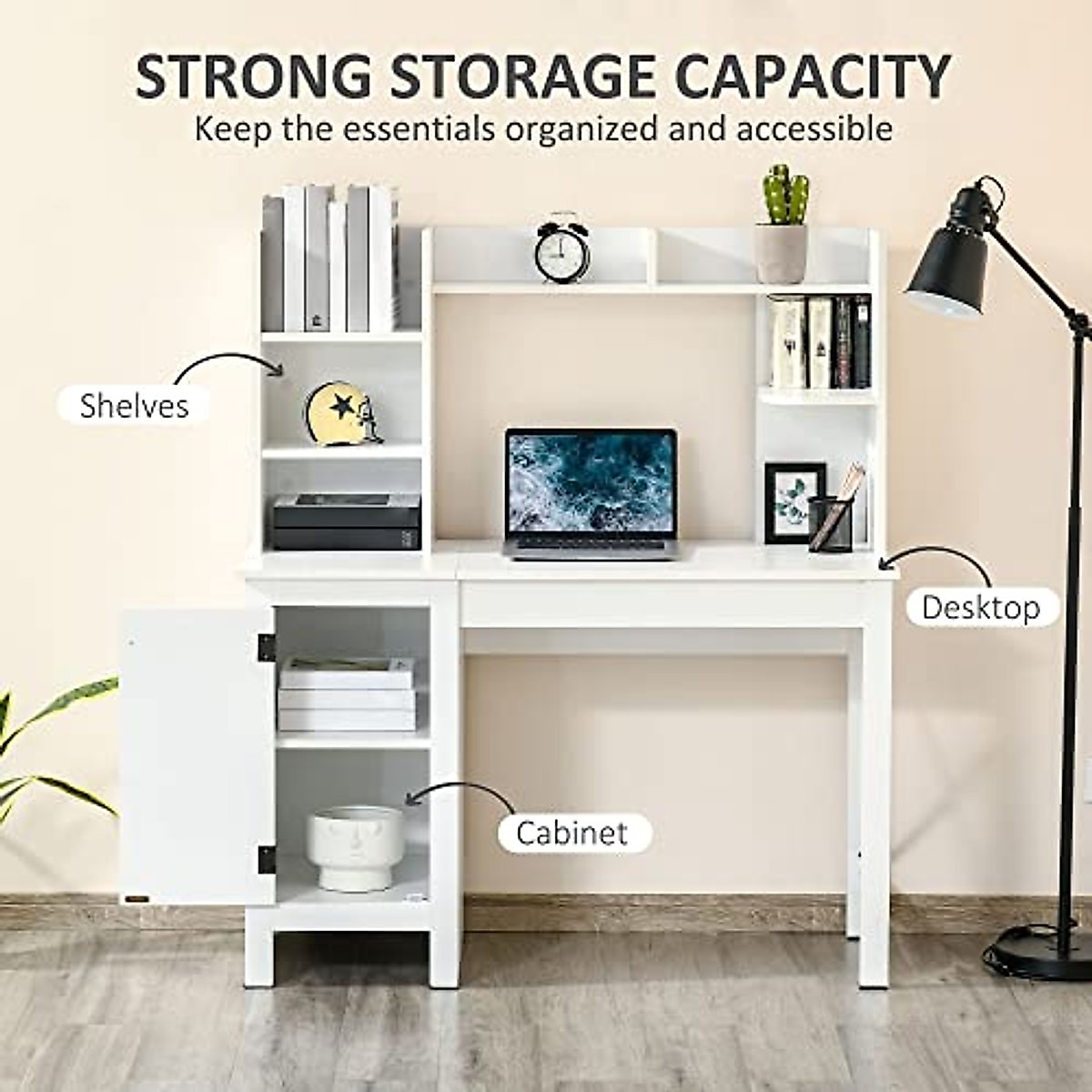 HOMCOM Farmhouse Computer Desk with Hutch and Cabinet, Home Office Desk with Storage, for Study, White