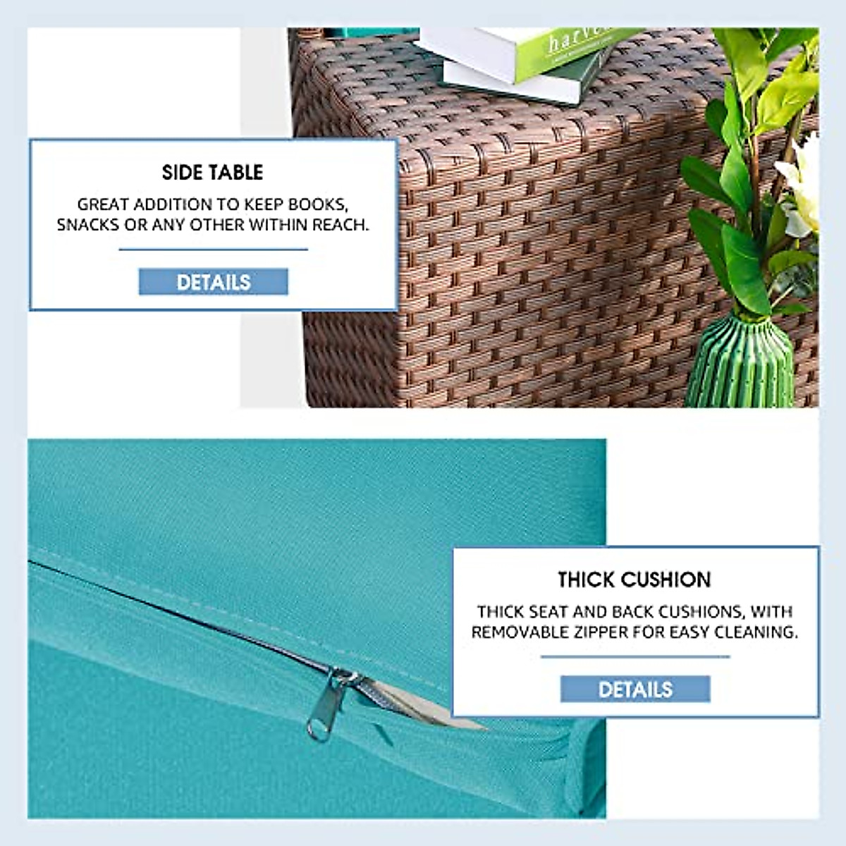 OC Orange-Casual 9-Piece Patio Furniture Set Half-Moon Sofa Outdoor All-Weather Wicker with Coffee Table & Set of Ottomans, Brown Rattan Turquoise Cushion (Pillows Included)