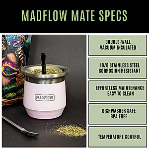 MADFLOW Yerba Mate Cup. Stainless Steel Mate Cup with 2 Bombillas.One Tree Planted in The USA for Every Unit Sold. Double Wall Vacuum Insulated Yerba Mate Gourd. Unique Mate Cup and Bombilla Set