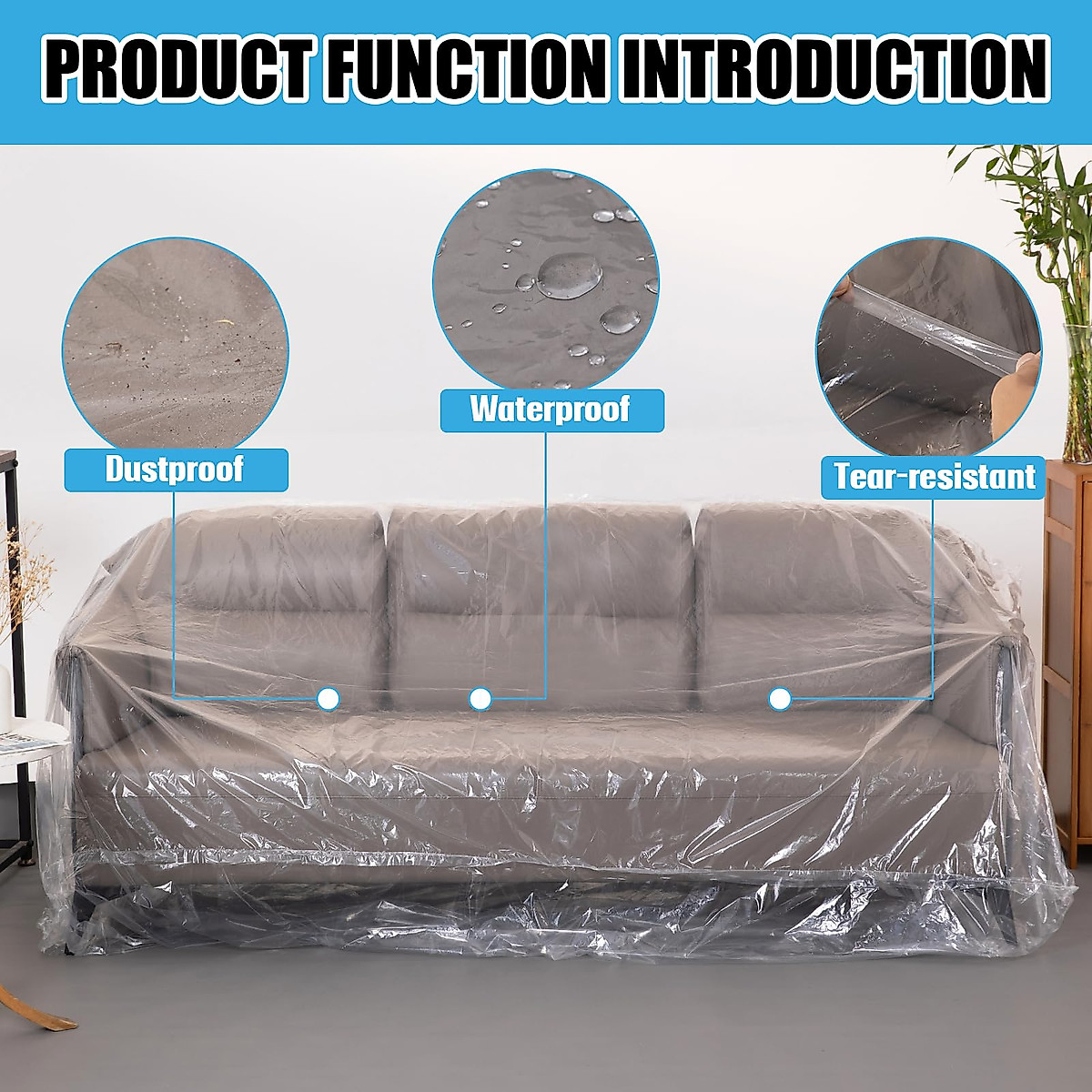 HERSENT 96 x 42 x 62 Inch Plastic Furniture Covers for Moving, Couch Cover for Sofa, Thick Clear Sofa Moving Cover, Waterproof Moving and Storage Bag