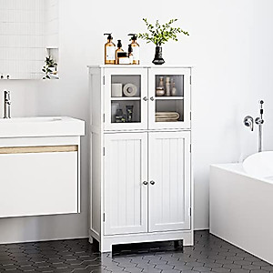 HORSTORS Bathroom Cabinet, Linen Storage Cabinet with Doors, Wooden Floor Cabinet with Adjustable Shelves for Bathroom, Living Room, Office, White