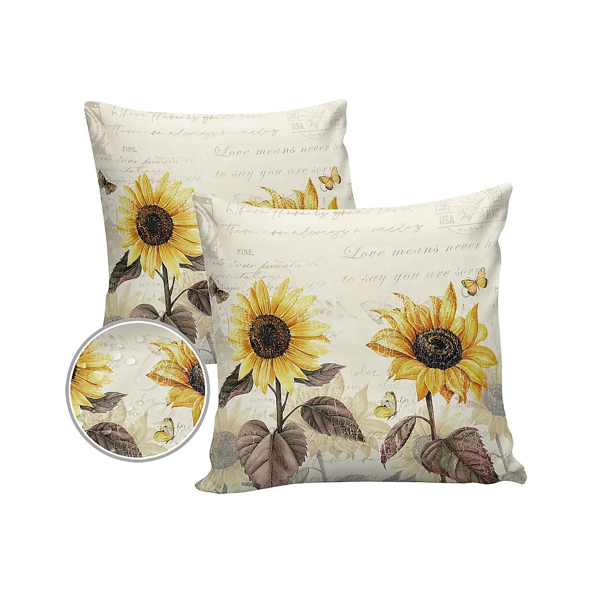 EwdeWwo Sunflower Outdoor Pillow Covers Pack of 2, Retro Sunflower Floral Butterfly Waterproof Pillow Covers Seasonal Spring Summer Throw Pillowcase for Patio Funiture Garden Tent, 16 x 16 inch