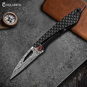 Cool Hand 3'' Super Light Folding Pocket Knife, Liner Lock, 2'' Damascus Blade with Carbon Fiber Scale