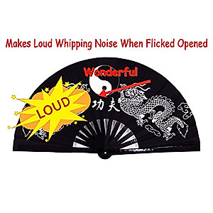 Amajiji Large Rave Folding Hand Fan for Men/Women, Chinese Japanese Kung Fu Tai Chi Handheld Fan Performance Fan Festival Gift Fan Craft Fan Folding Fan Dance Fan (Black Dragon)
