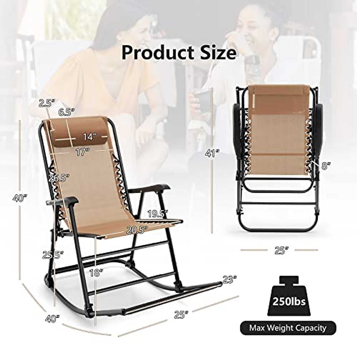 Tangkula Outdoor Folding Rocking Chair, No Assembly Required, Foldable Rocker Recliner with Headrest, Portable Lounge Chair for Camping, Patio, Lawn, Garden, Yard or Balcony Beige