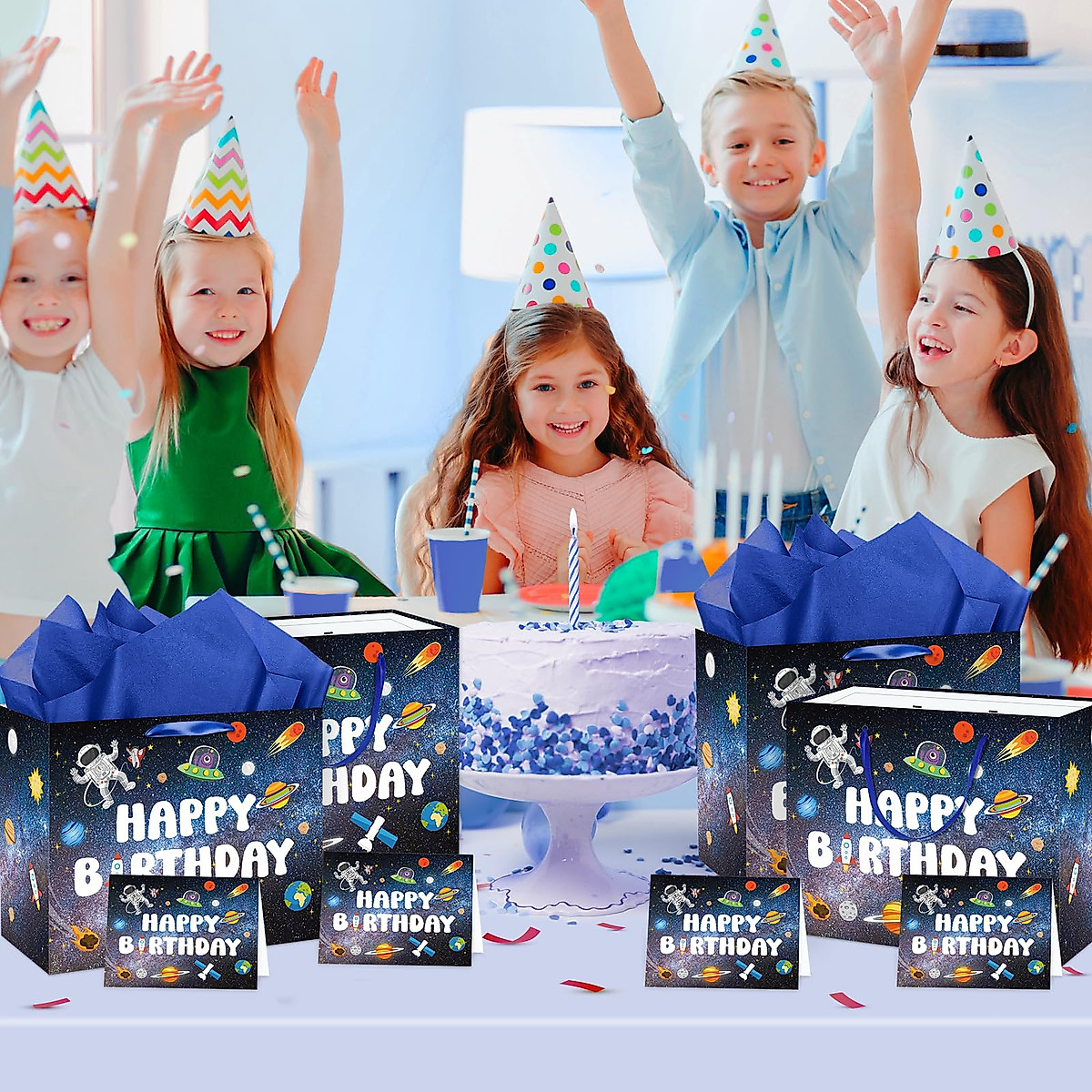 Outer Space Birthday Gift Bag for Kids, Blue Gift Bag with Card Tissue Paper Rocket Planet Gift Bag Birthday Wrapping Paper Bags Outer Space Party Gift Bag Decorations for Boys Girls Birthday Party