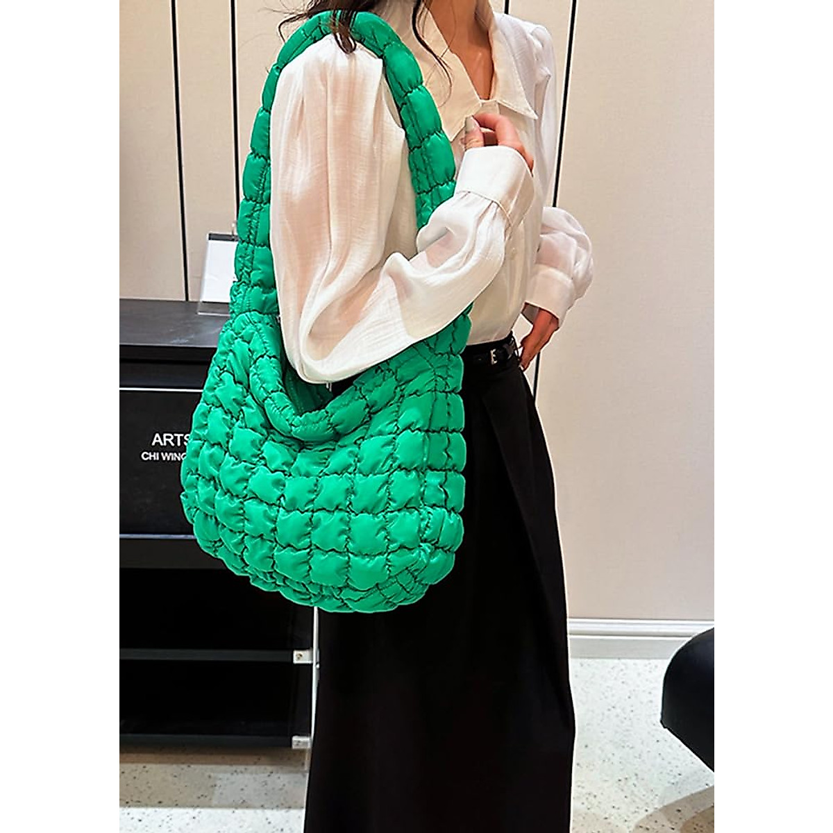 Rejolly Puffer Quilted Shoulder Bag for Women Puffy Bubble Tote Bag Lightweight Nylon Handbag Padded Soft Purse Green