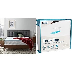 LUCID 2-Inch Ventilated Gel Infused Memory Foam Mattress Topper - Queen & Premium Hypoallergenic 100% Waterproof Mattress Protector - Universal Fit, Cotton Terry Top, Queen