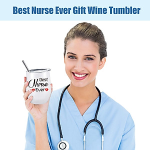 Nurse Gifts for Women, Best Nurse Ever, Thanksgiving Christmas Birthday, 12 oz Stainless Steel Nurse Travel Wine Tumbler with Lid, Straw and Gift Box