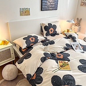 BlueBlue Flower Kids Duvet Cover Set, 100% Cotton Bedding for Boys Girls Teens, Cartoon Cute Dark Gray Black Floral Pattern on Cream White, 1 Full Comforter Cover 2 Pillow Shams (Queen)