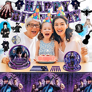 111pcs Happy Birthday Decorations Tableware Pack, includes Birthday Banner, Hanging Swirls, Foil Balloon, Plates, Napkins, Fork, Tablecloth, Happy Birthday Party Supplies