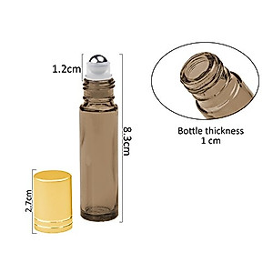 Essential Oil Bottle Kit - Includes: 10x Amber Brown Essential Oil Bottle (1/3 oz - 10 ml), 1x Tool for Opening/Sealing Bottles, 78x Label (4 Sizes), 1x Mini Dropper + 1x Mini Funnel for Easy Filling
