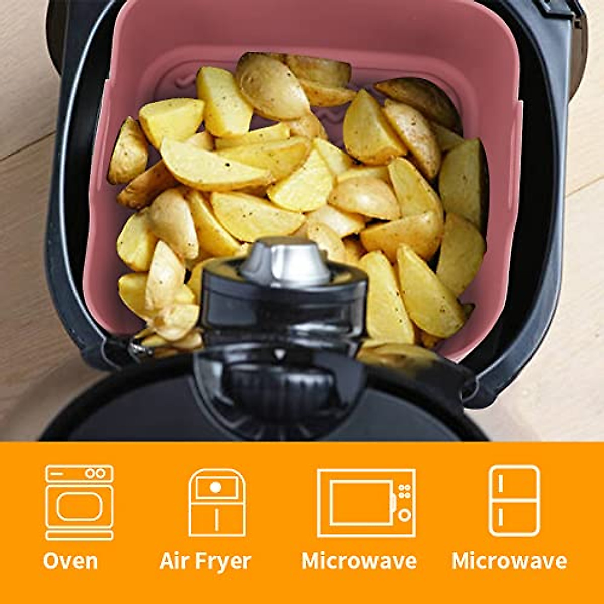 Air Fryer Silicone Pot, Replacement for Paper Liners, Removable Square Silicone Air Fryer Basket with Handle, Silicone Bowl for Air Fryer Oven(Pink)