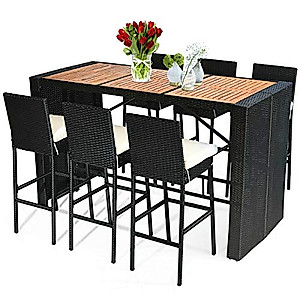 Tangkula 7 PCS Outdoor Dining Set, Patio Wicker Furniture Set with Acacia Wood Bar Table Top and Removable Cushion, Conversation Set for Patios, Backyards, Porches, Gardens and Poolside (Black)
