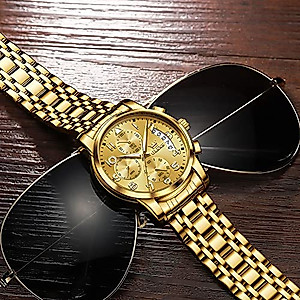Gold Watch for Men Arabic Number Large Face Quartz Wrist Watches Stainless Steel Luxury Mens Water Resistant Luminous Chronograph Watch Calendar Display Classic Round Men's Cuff Watches Easy Read