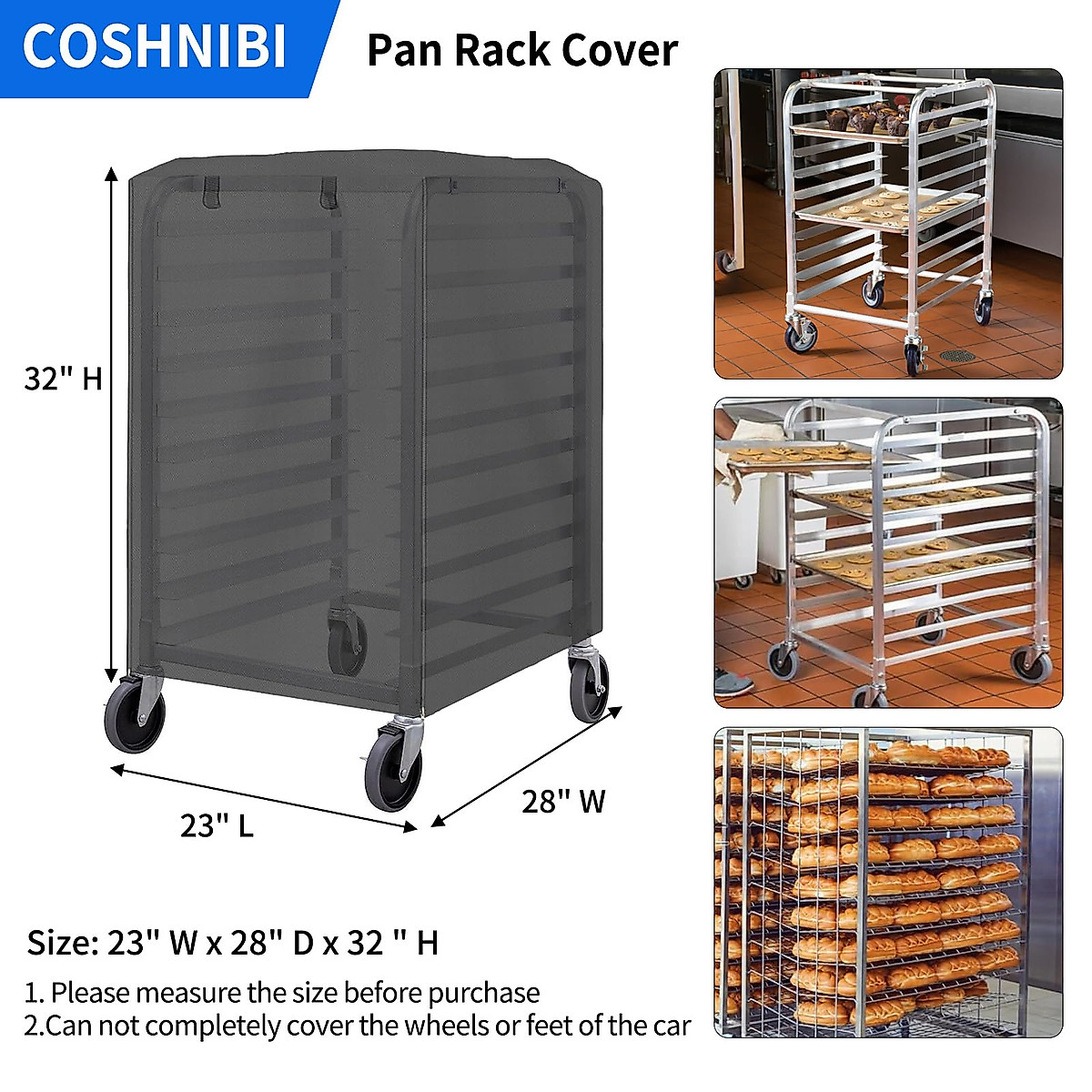 COSHNIBI Pan Bun Rack Cover, 420D Waterproof and Dust Resistant with Zipper Pan Rack Cover, Suitable for Commercial Bread Racks - 23" W x 28" L x 32" H,Black