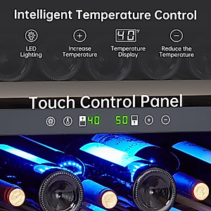 52 Bottles Wine Cooler Under Counter, 24 Inch Dual Zone Wine Fridge with 40～64°F Independent Temperature Control, Safety Lock, All Wood Removable Shelves, Stainless Steel+Glass Door, Dual Zone