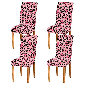 JUNZAN Halloween Skull Leopard Camouflage Pink Chairs Covers Set of 4 Slipcovers Spandex Dining Chair Covers for Outdoor Chair Ceremony
