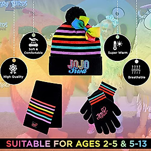 JoJo Siwa Kid’s Winter Hat, Scarf, and Snow Gloves, 3 Pc. Set, Soft and Warm Pom-Pom Beanie with Big Bow