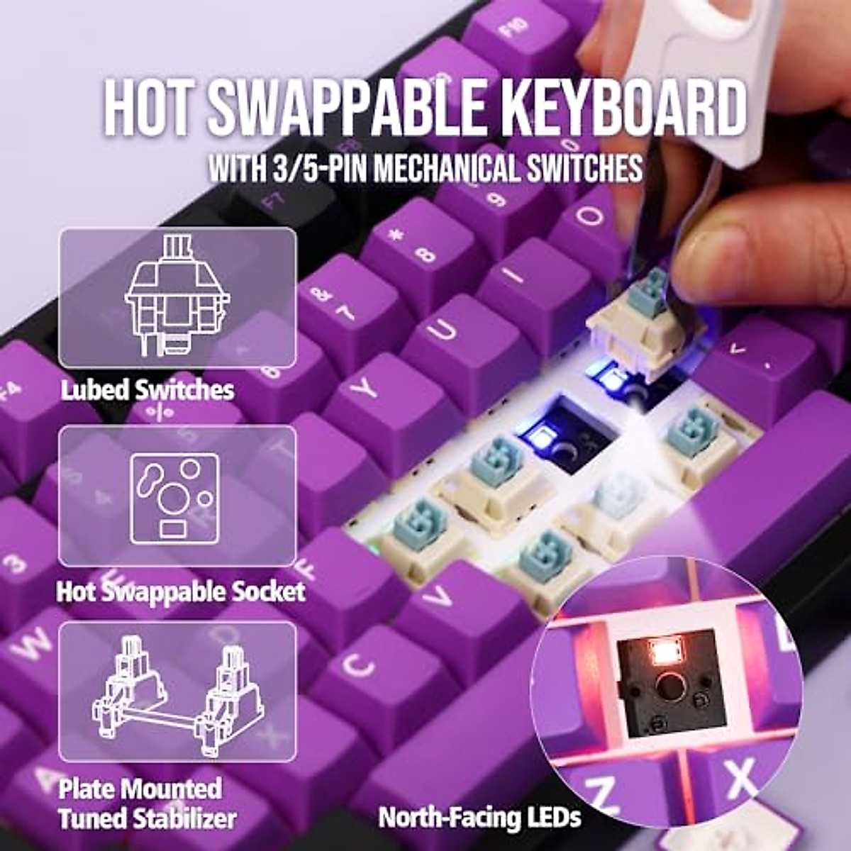 EPOMAKER TH80 SE Gasket 75% Mechanical Keyboard, NKRO Hot Swappable RGB 2.4Ghz/ Bluetooth 5.0/ Wired Gaming Keyboard with Poron/EVA Foam, 4000mah Battery (Black Purple, Flamingo Switch)