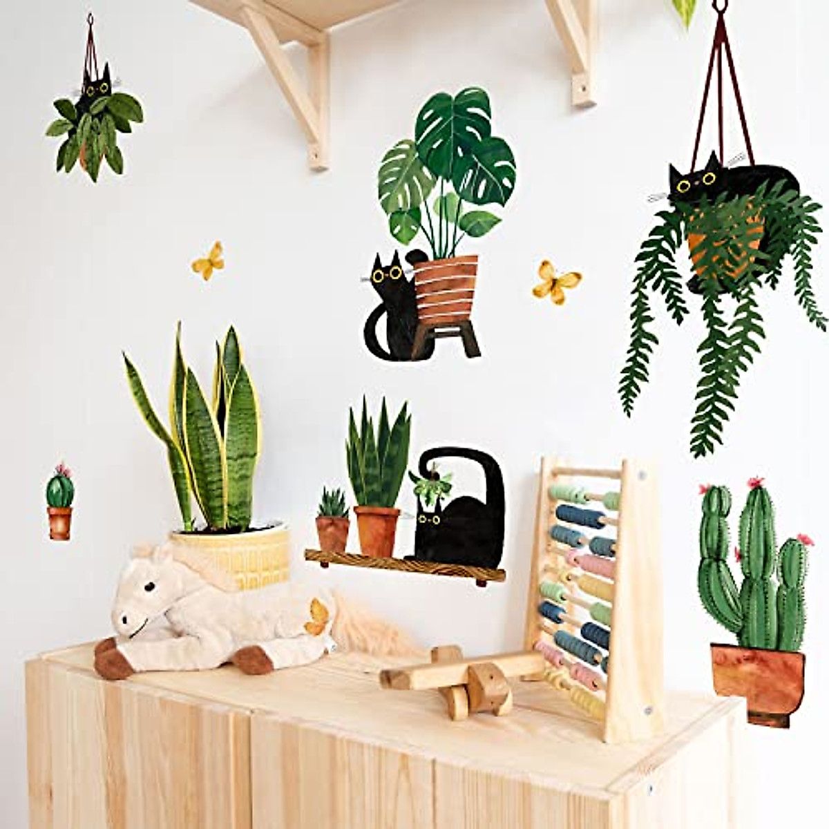 Yovkky Black Cats Potted Plant Wall Decals Stickers, Cartoon Kitty Botanical Bonsai Nursery Playroom Decor, Cactus Kids Bedroom Home Classroom Living Room Kitchen Decorations Art