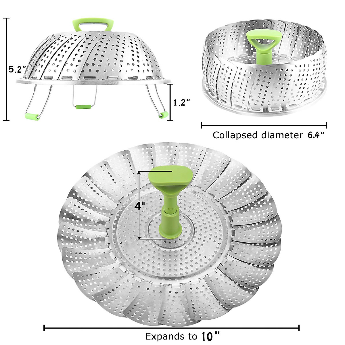 Consevisen Vegetable Steamer Basket for Cooking Food, Stainless Steel Veggie Steam Basket for Pot, Folding Expandable Steaming Insert with Extendable Handle Fits Various Size Pot, 6.4" to 10"