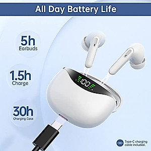 YOSINT Wireless Earbuds, Bluetooth 5.1 Headphones 30Hrs Playtime with LED Power Display, IPX7 Waterproof Earphones, TWS in Ear Stereo Headset Built-in Mic for iPhone/Android (White)