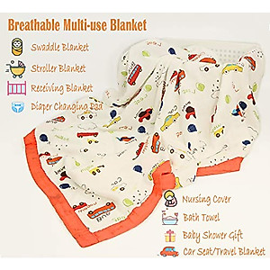 Coral Red Muslin Baby Blanket, Ultra Soft Hypoallergenic Baby Quilts, Unisex Baby Swaddle Wrap, Oversized 43 X 45 inchs (Car Bus)