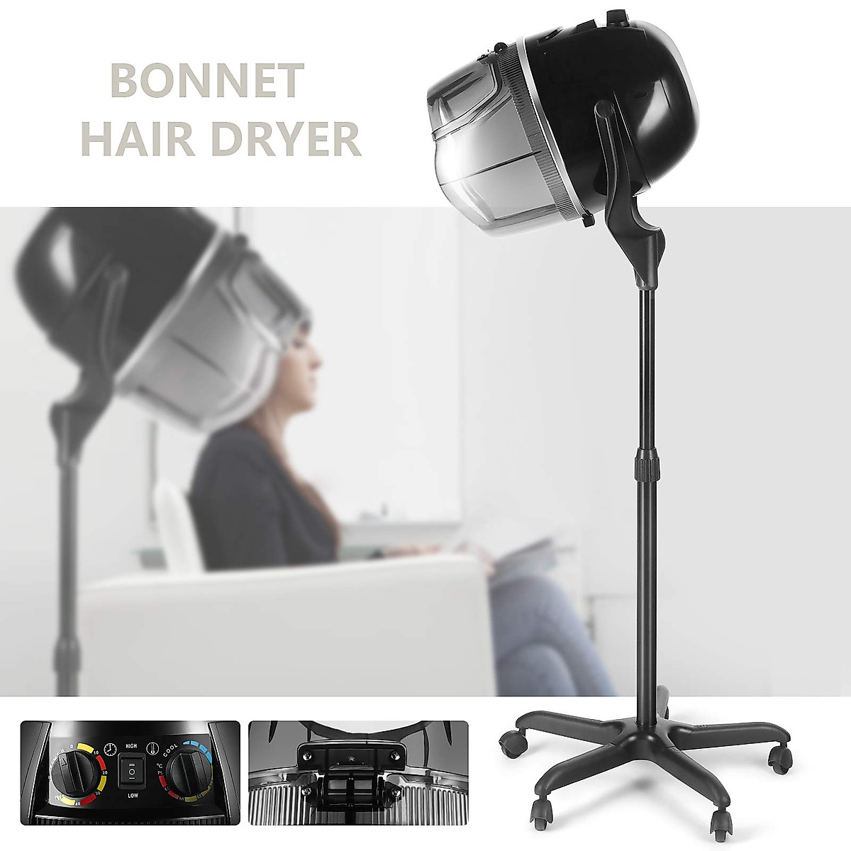 Artist Hand Bonnet Hair Dryer Adjustable Professional Hood Dryer Stand Up Rolling Base with Wheels Salon Equipment