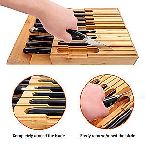 In-Drawer Bamboo Knife Block Holds for 16 Knives(Not Included) and Knife Sharpener, Knife Organizer Drawer Insert for Kitchen Cooking/Chef Skills, Saves Kitchen Counter Space