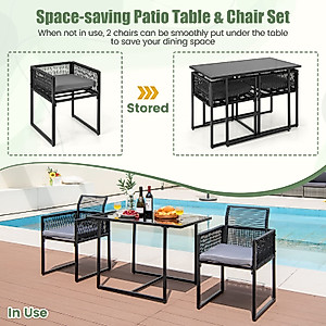 DORTALA Rattan Patio Furniture Set, 3-Piece Dining Set with Cushions, Tempered Glass Tabletop, Outdoor Wicker Small Chairs & Table Set for Backyard, Balcony, Poolside, Black