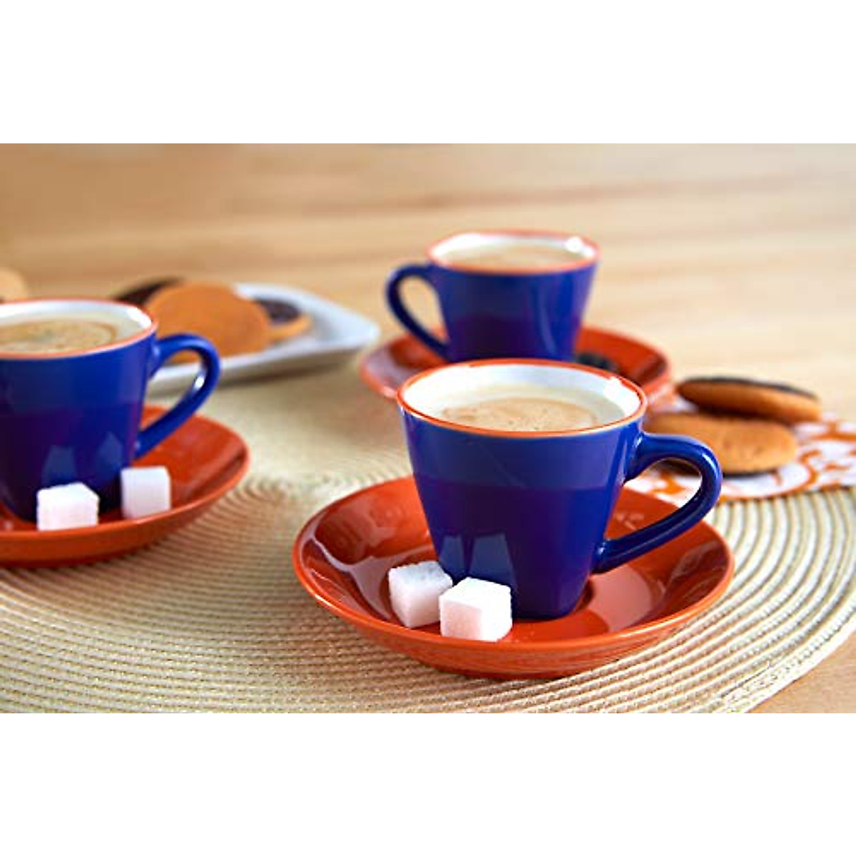 IMUSA USA Blue, 8 Piece 3oz Colorful Espresso Cups with Saucers, Orange