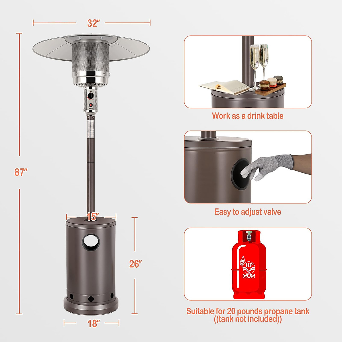 Hykolity 50,000 BTU Propane Patio Heater, Stainless Steel Burner, Triple Protection System, Wheels, Outdoor Heaters for Patio, Garden, Commercial and Residential, Brown