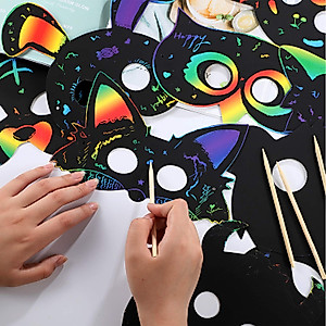 Honoson 36 Pieces Scratch Paper Animal Masks Rainbow Masks with Elastic Cords and 12 Pieces Wood Stylus for Costume Dress up Parties Decorations and DIY