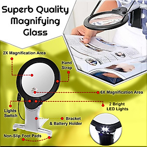 ARSUK Magnifying Glasses with Light, Hands-Free Neck Magnifier for Reading Sewing Cross Stitching Needlework Crafts Hobby Jewelry Repair, 2X 6X Magnification Hanging Cord & Desk Stand