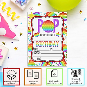 Pop On Over Popper Toy Fidget Themed Birthday Party Invitations for Kids, 20 5x7 Fill In Cards with Twenty White Envelopes by AmandaCreation
