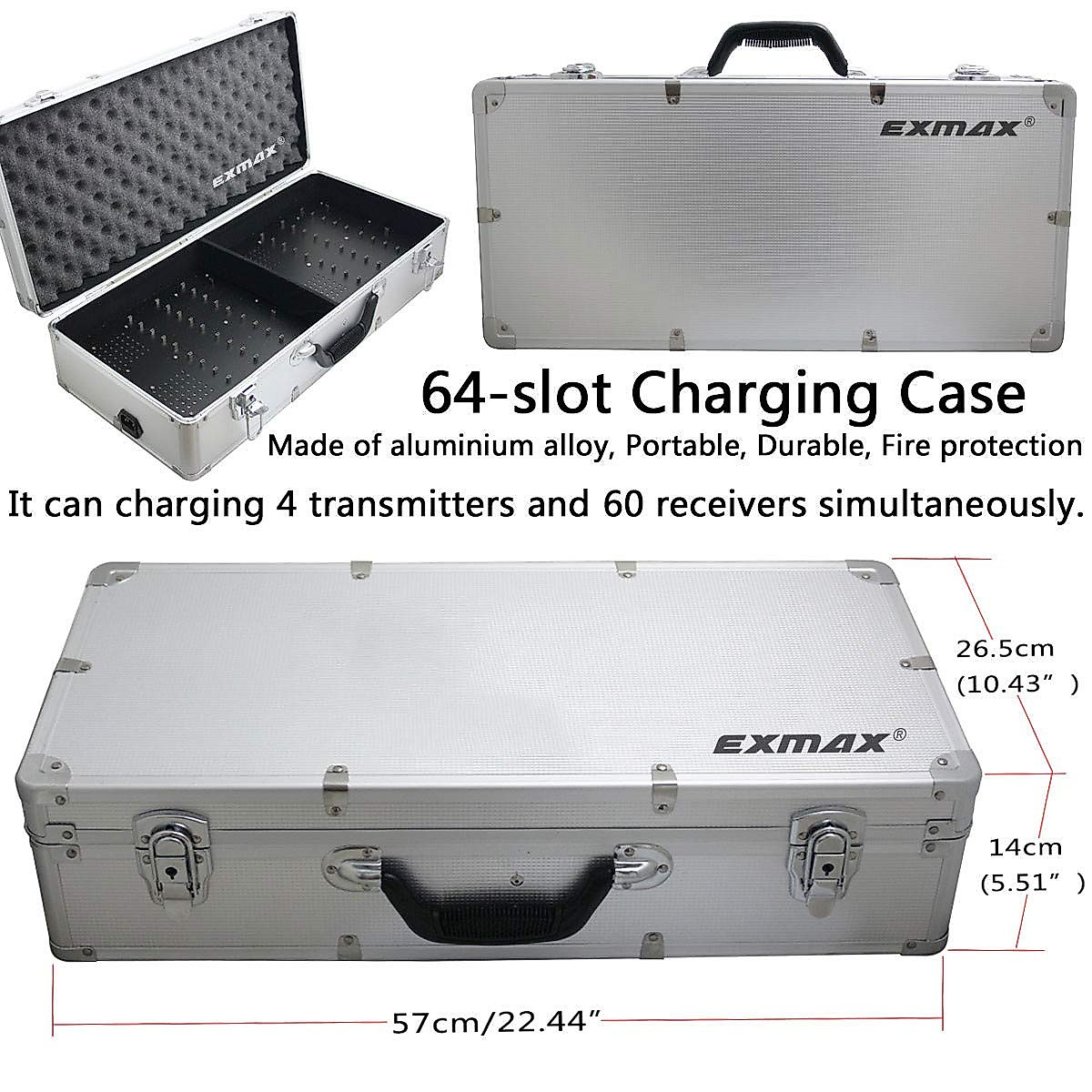 EXMAX EXD-6824 2.4GHz Wireless Audio Tour Guide Headset Systems up to 1-150M Transmission Range for Conference Church Travel Training hajj - 4 Transmitters & 60 Receivers with 64-Slot Charging Case