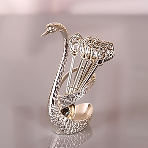 Metal Swan Base Spoon Fork Holder Set, Coffee Fruit Dessert Flatware Dinnerware Set for Decorative Swan Base Holder with 6 Forks or 6 Spoons (Silver spoon-4.9x2.2in)