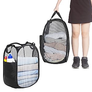 STORAGEIDEAS 2 Pcs Collapsible Mesh Pop Up Laundry Hamper, Space-Saving Foldable Laundry Basket With Side Pocket, Wide Opening Laundry bag for Laundry, Dorm, Bathroom & Travel, Black