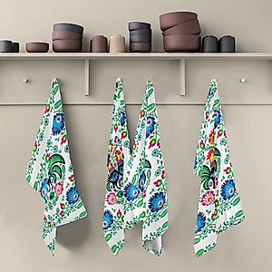 Polish Floral Rooster Folk Art Colorful On White Set of 1 Polyester Kitchen Dish Towel, Dishtowels Waffle Dishcloths, Hemmed Napkin Towel, Hand Bar Tea Towels with Hanging Loop