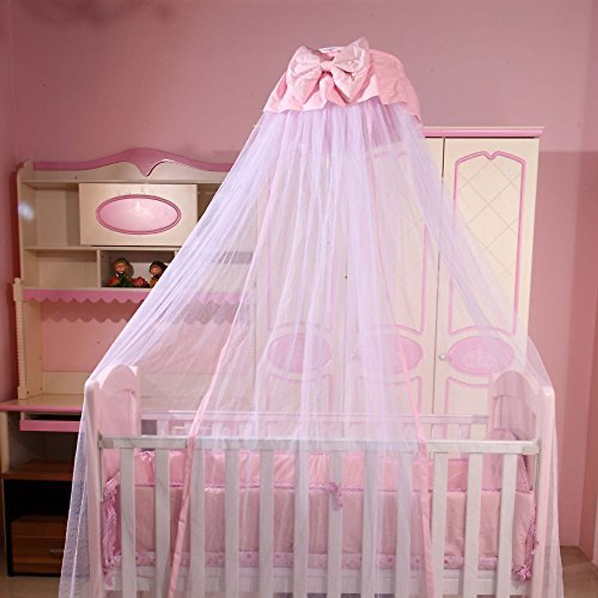 RuiHome Dome Style Hanging Baby Mosquito Net Princess Girls Bed Canopy with Pink Bowknot Decor, Netting with Bracket