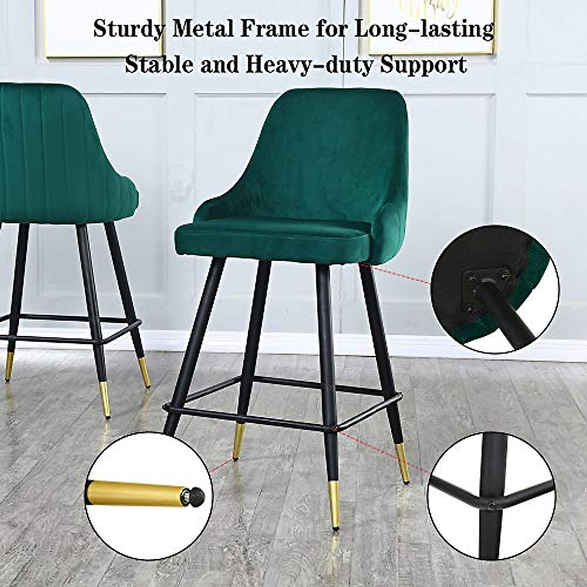 Velvet Counter Stools Set of 2 - Upholstery Barstools Bar Stools Counter Height Stools for Kitchen Island, Modern Bar Chairs Dining Chairs with Back and Arm, Pack of 2 Pieces (Green)