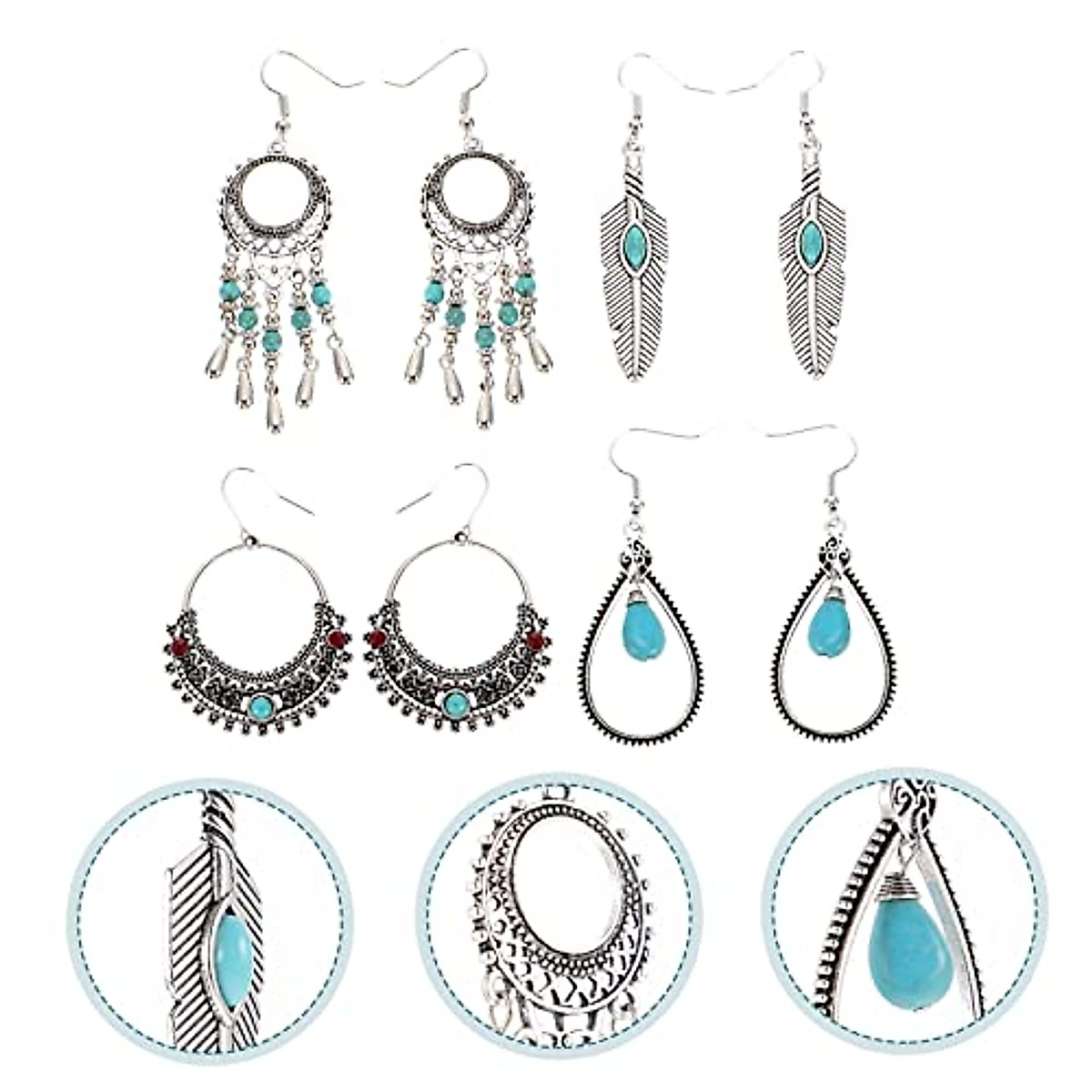 Abaodam 4 Pairs Turquoise Earrings Funky Earrings Earring Hoops for Women Earrings for Women Hoops Turquoise Jewelry Ladies Jewelry Fashion Jewelry Bohemian Miss Metal Body Accessories