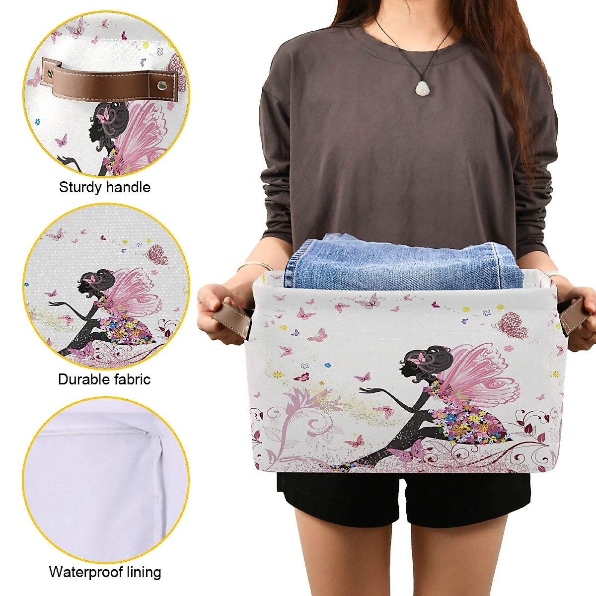 ALAZA Decorative Basket Rectangular Storage Bin, Flower Fairy in The Environment of Butterflies Organizer Basket with Leather Handles for Home Office