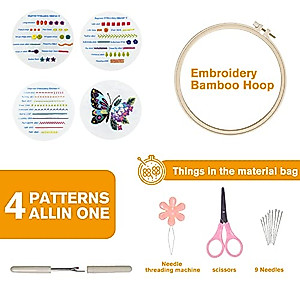 Embroidery Kit for Beginners, 4 Piece Set Embroidery Kits, Includes Embroidery Fabric, Thread, Needles, and Patterns, Perfect for DIY Handmade