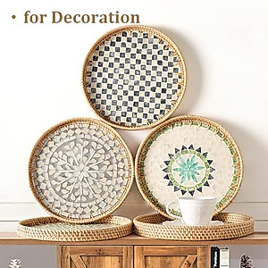 Tynulox 11.8" Rattan Tray with Mother of Pearl Inlay Wooden Base | Round Woven Wicker Tray | Coffee Table Tray for Storage Display Bread Fruit Breakfest