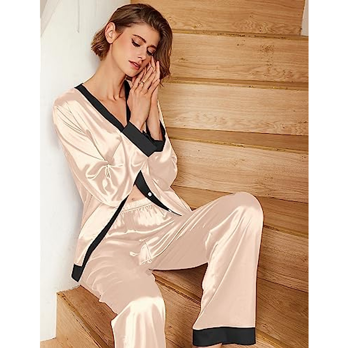 Ekouaer Satin Pajamas Silk Pjs Sets Button Down Sleepwear Set Winter Pajamas for Women with Pockets,Champagne,L